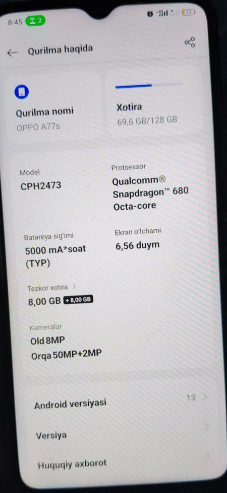 Oppo A77s kafolati bilan