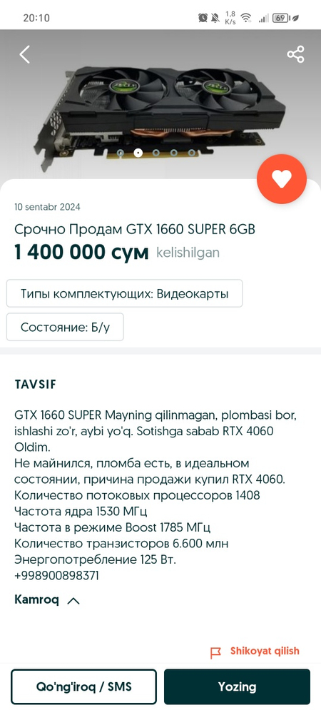 Srochna GTX 1660 SUPER 6 GB sotiladi