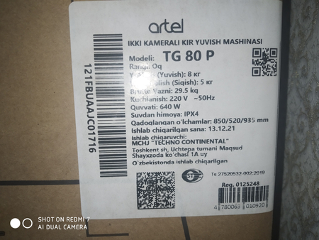 Artel kir yuvish mashinasi tg80p yangi ochilmagan upakovkada