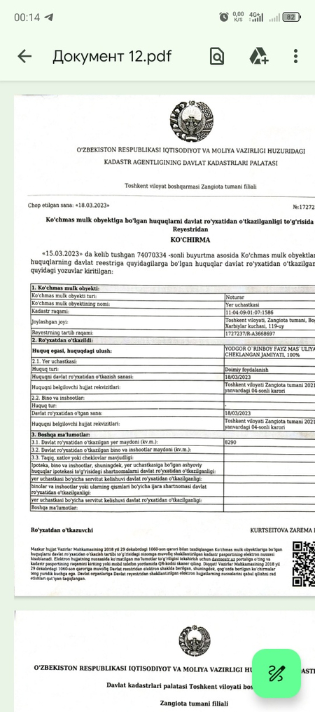 Zangiota tumanida yer sotladi hama hujati bor arentir jenski kalona