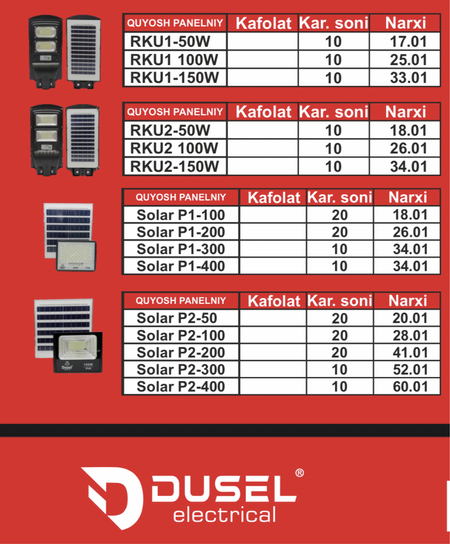 Solar panelli yoritgichlar keng assortiment