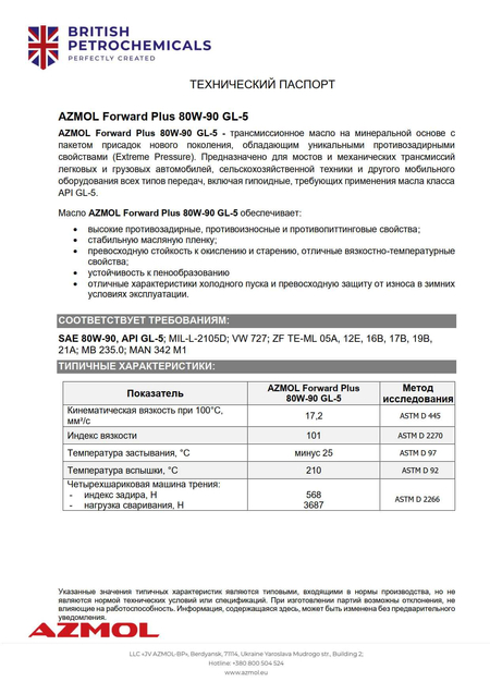 Трансмиссионное масло AZMOL Forward Plus 80W-90 GL-5