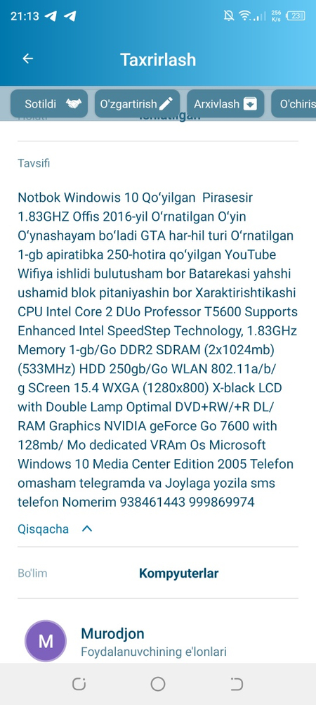 Soniy vay VGN-FE31ZR sotiladi 700.000-soʻmga