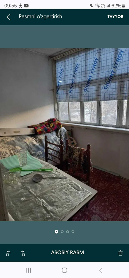 Zangiota tumani hokimligi yonidagi 1 xonali kvartira sotiladi.