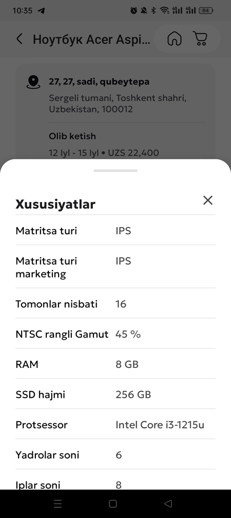 Acer noutbook holati yangi