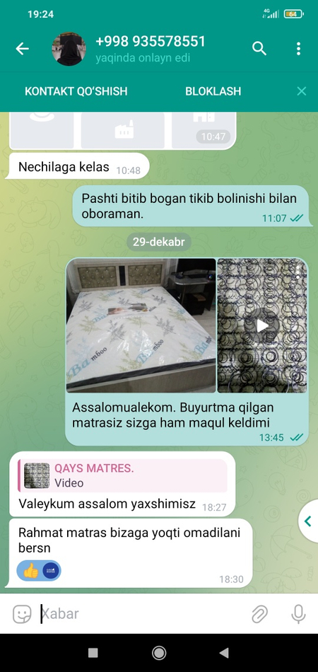 Sifatli hamda hamyon bop matraslar. Bizda arzonroq.