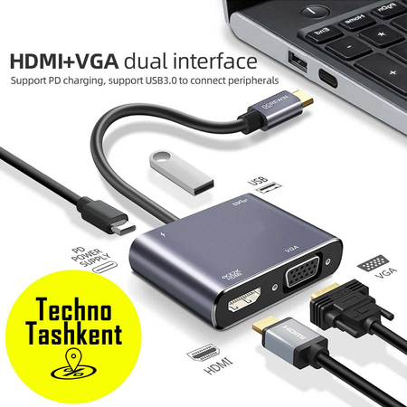 Хаб Type C 4in1 - HDMI/USB/VGA/Type C (Dostavka Bor) (Garantiya)