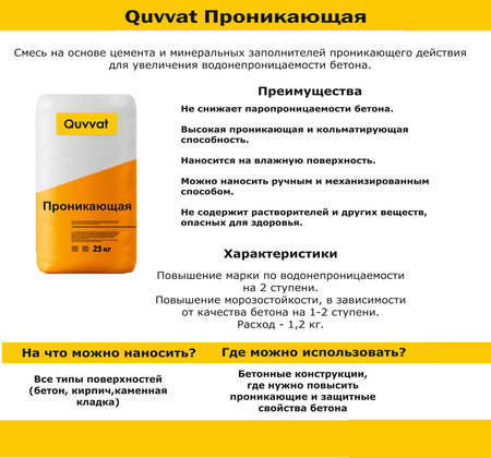 Quvvat проникающая гидроизоляция для бетонных поверхности обмазочная