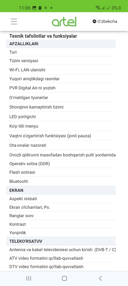 AKSIYA! ARTEL UA50H3502 4K Ultra HD Golosovoy Dubl  pultli 3 yil gar
