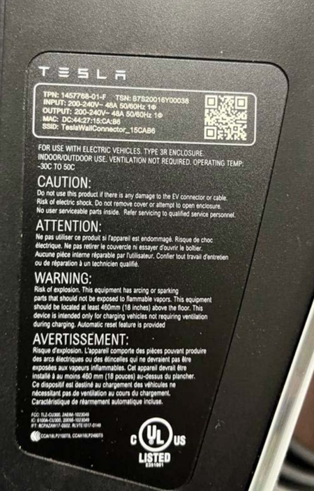 Tesla Charging 24 ft Cable 48A Wall Connector