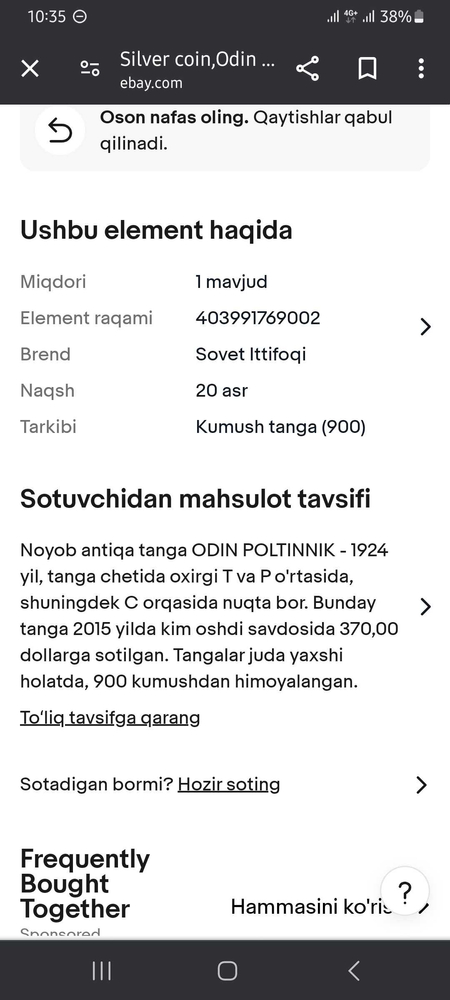 CCCP 1924 yilgi ilk tanga sof silver
