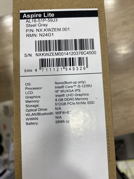 Acer aspire lite 16   i5-12/8GB DDR5/512GB SSD/16WUXGA IPS
