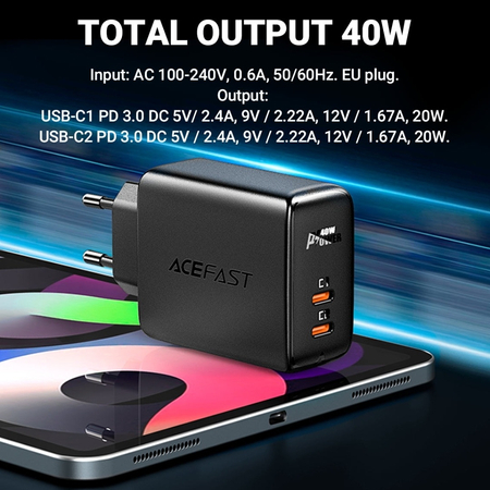 Acefast 40W GaN⁵ Quick Charger 4.0 Dual USB-C For iPhone/iPad/Tablets