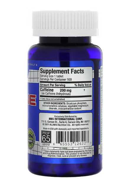 Кофеин, 200 мг, 100 таблеток  - ALLMAX - (USA)