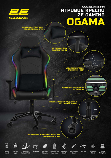 Игровое кресло 2E GAMING OGAMA ll RGB Black  2E-GC-OGA-BKRGB