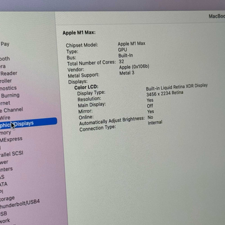 MacBook Pro 16.2, M1 Max, 10-Core, 32-Core GPU, 64GB RAM, 1 TB SSD