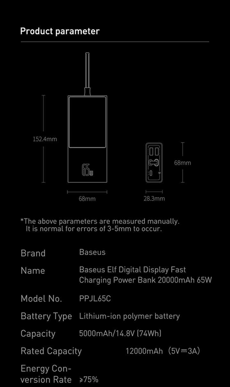 ДОСТАВКА! PowerBank Baseus Elf Digital Display 20000mAh 65W