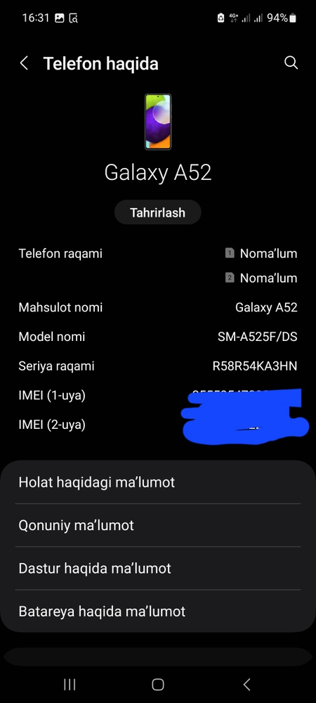 Samsung A52  4\128 gb 2simkartali 4500 batereka