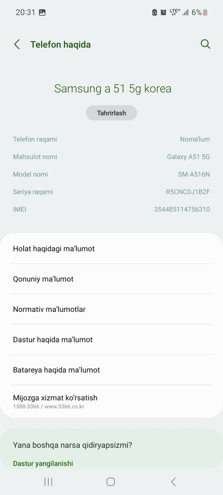 Samsung a51 5g 6/128 xotira
