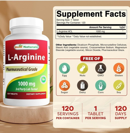 Л-аргинин, L-Arginine, 1000 мг, 120 таблеток из Америки.