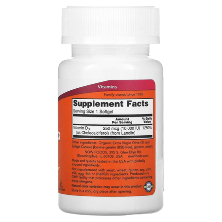 Now Foods, высокоактивный витамин D3, 10 000 МЕ, 120 капсул