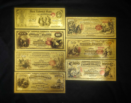 Коллекция сувенирных Долларов США 24k Gold. 7 банкнот
