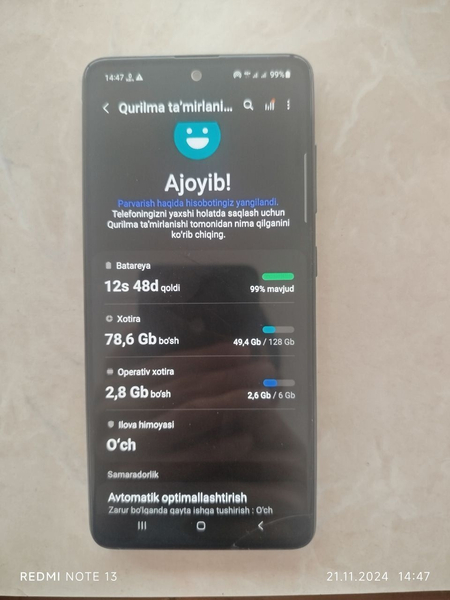 Samsung Galaxy A51 sotiladi.Xotirasi 6+6/128tali Andiroid 13 da qatmed