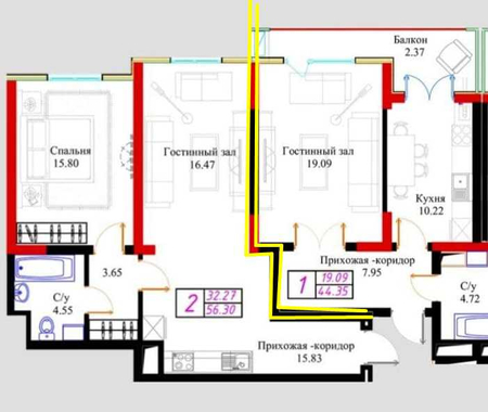 ЖК Premier House Узбекфильм 1 комнатная коробка 44м2 с балконом