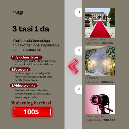 To’y videosyomka, bezaklar, fotozona 3tasi 1 da