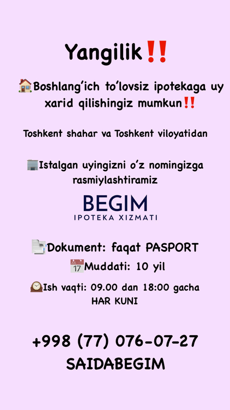 Kreditga uy boshlang’ich tolovsiz bitta pasportga Shayhontoxur Chorsu