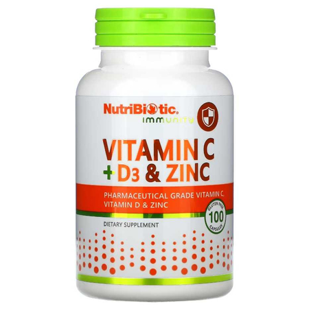 NutriBiotic, Immunity, витамины C + D3 и цинк, 100 капсул
