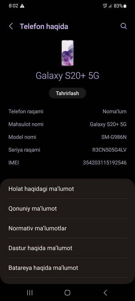 SAMSUNG GALAXY - S20+5G kafolati bor