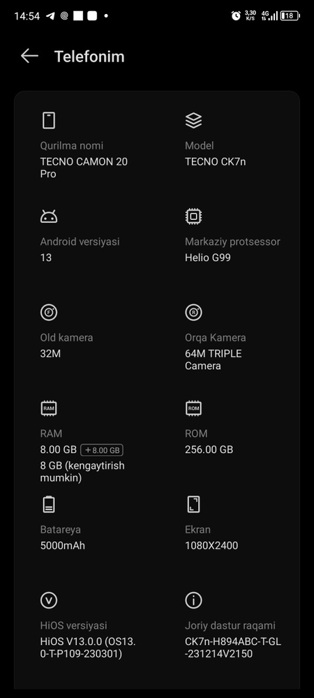 TECNO Camon 20 Pro 64 suruchni sotiladi