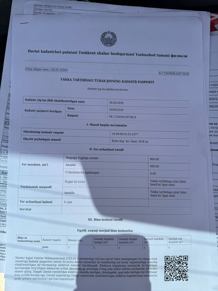 Продаётся  9 соток  земли  в Яшнабадском районе