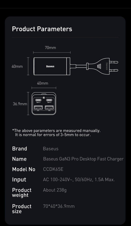 Baseus Gan3 Pro 65W Быстрое Зарядное устройство с проводом 100w