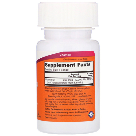 Витамин Д, Vitamin D3 от Now Foods, 10000 МЕ, 120 капсул