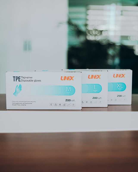 Перчатки UNEX TPE синий и чёрный для лаборатории кафе и Бургеров и.т.п