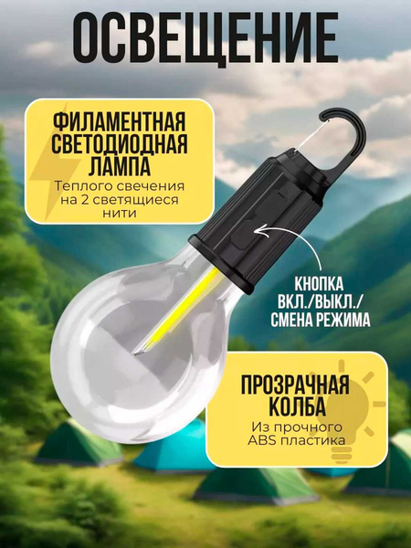 Светодиодный фонарь для кемпинга. Лампочка. Встроенный аккумулятор.
