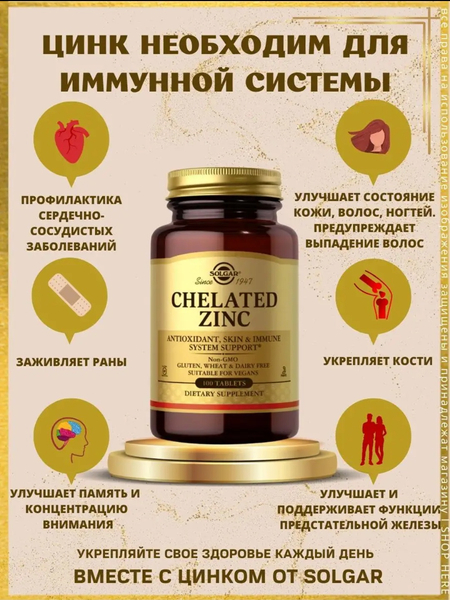Solgar, хелатный цинк, 100 таблеток