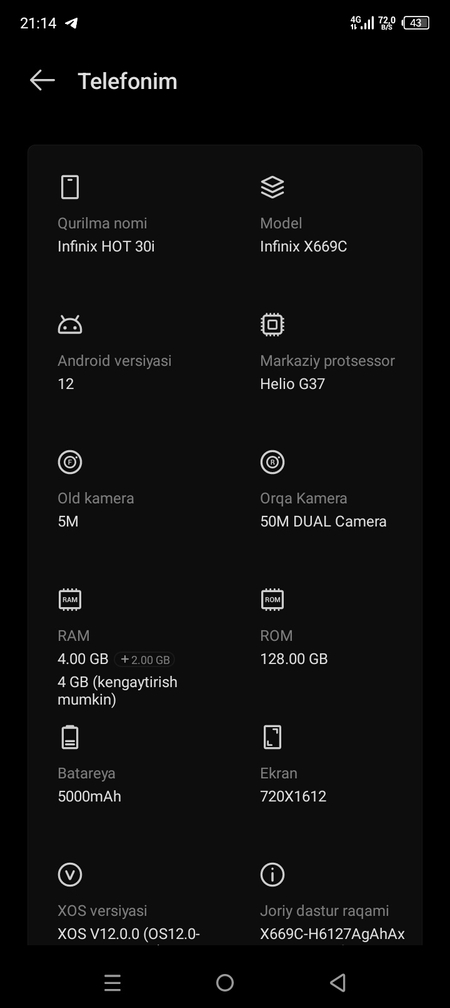 Infinix hot 30i ideal holatda 128ram 8rom