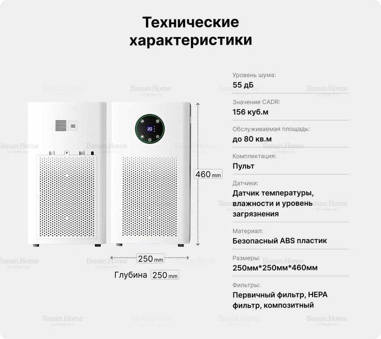 Очиститель воздуха для дома и квартиры, 40-80 м2, HEPA фильтр