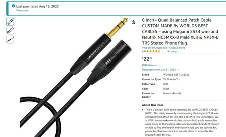 XLR - TRS кабель от World Best Cables (6 дюймов)