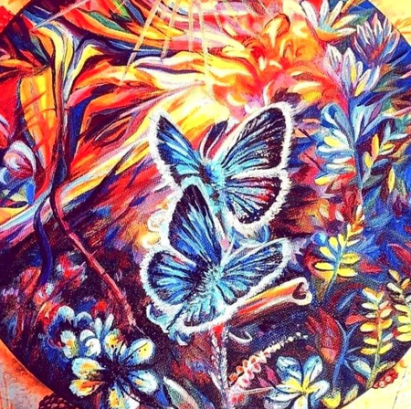 Картина маслом на холсте, бабочки, цветы, интерьерная