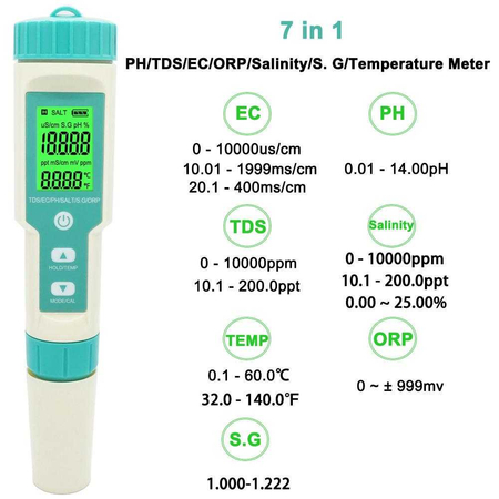 Анализатор воды, 7 в 1, PH ORP TDS EC Salinity SG С ПОДСВЕТКОЙ