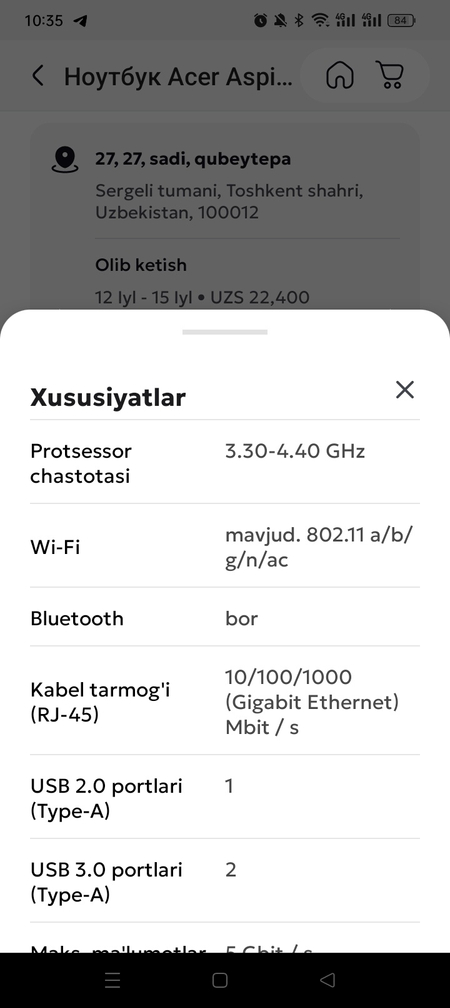 Acer noutbook holati yangi