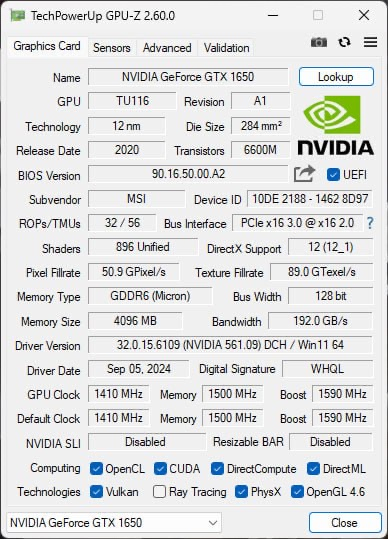 Видеокарта GTX 1650 4GB Gddr 6 MSI