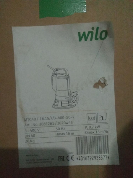 Погружной насос для сточных вод Wilo MTC40F16.15/7/3-400-50