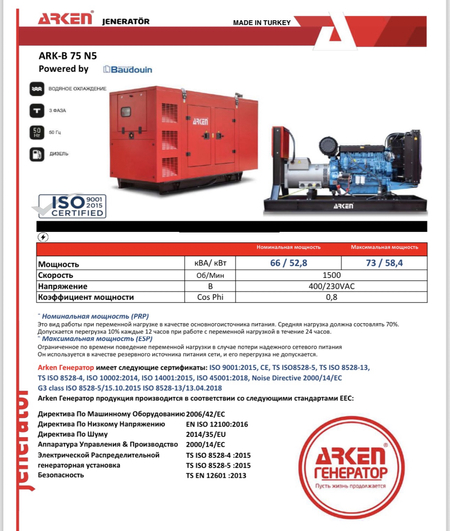 Генератор ARKEN 75KVA (58.4кВт)