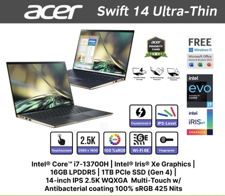 Acer swift 14.  I7-13700H 16/1 tb touch 2.5k