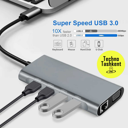 Type-C Hub 11 in 1 (Hdmi/Lan/Usb/VGA/Audio) (Garantiya) (Dostavka Bor)